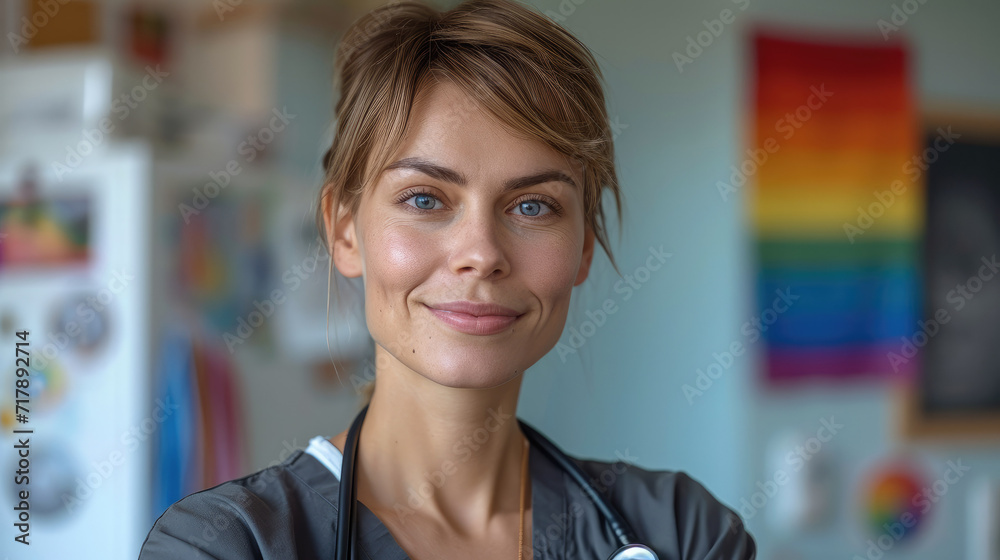 LGBT doctor women in medicine shirt and LGBT rainbow flag on background ...