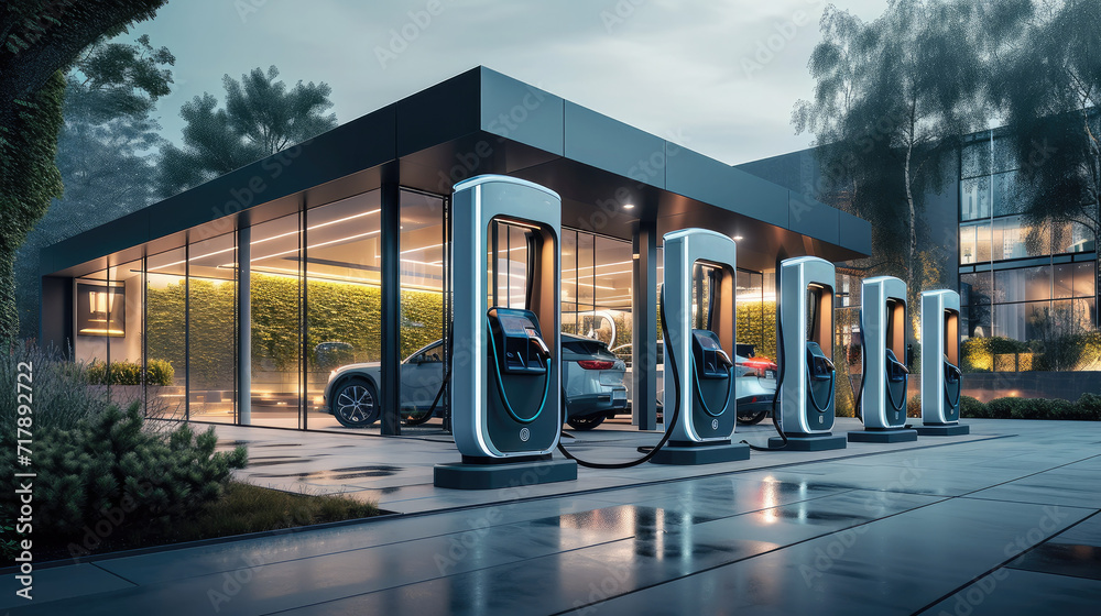 Charging stations for electric vehicles for IT specialists, side view ...