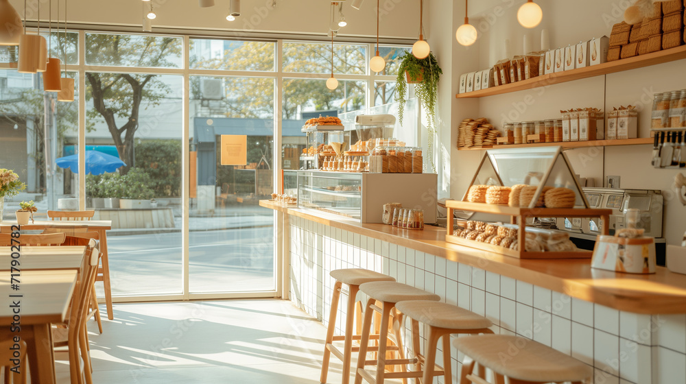 Small modern Korean style design cafe, glossy ivory white round corner ...