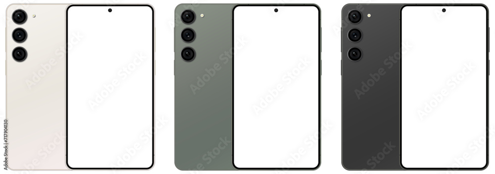 Realistic model Samsung Galaxy S23 with three color set. Mockup front ...