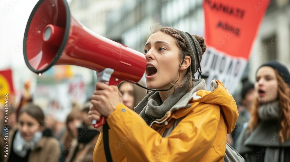 Protest Power female with megaphone at a protest, symbolizing the ...