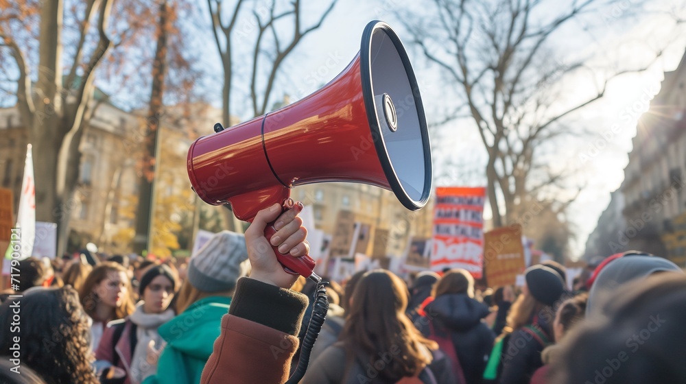 Protest Powe A powerful image of a megaphone at a protest, symbolizing ...