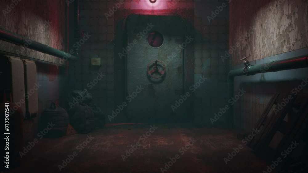 CGI render of heavy metal door opening in scary abandoned bunker ...