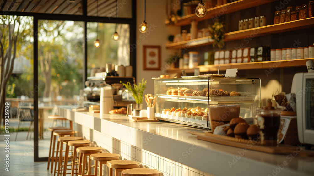 Small modern Korean style design cafe, glossy ivory white round corner ...