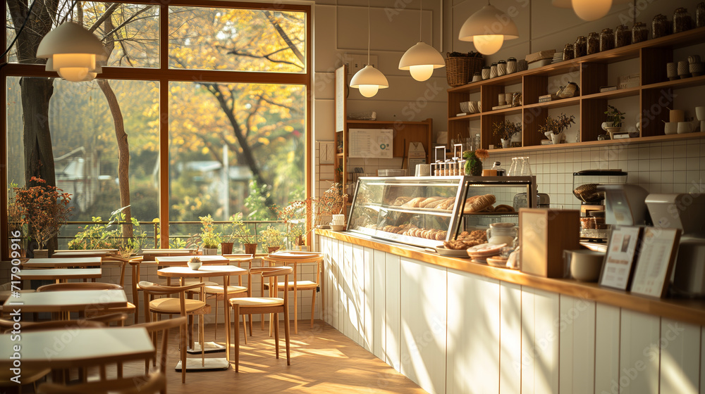 Small modern Korean style design cafe, glossy ivory white round corner ...