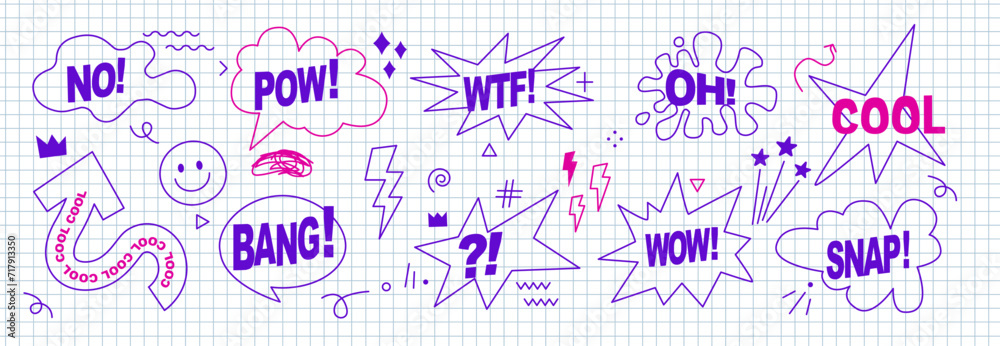 Speech bubbles, arrows, effects set hand-drawn with a pen in a check ...