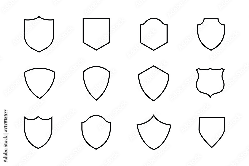 Shield icon set in vintage style. Protect shield security line icons. Badge quality symbol, sign ...