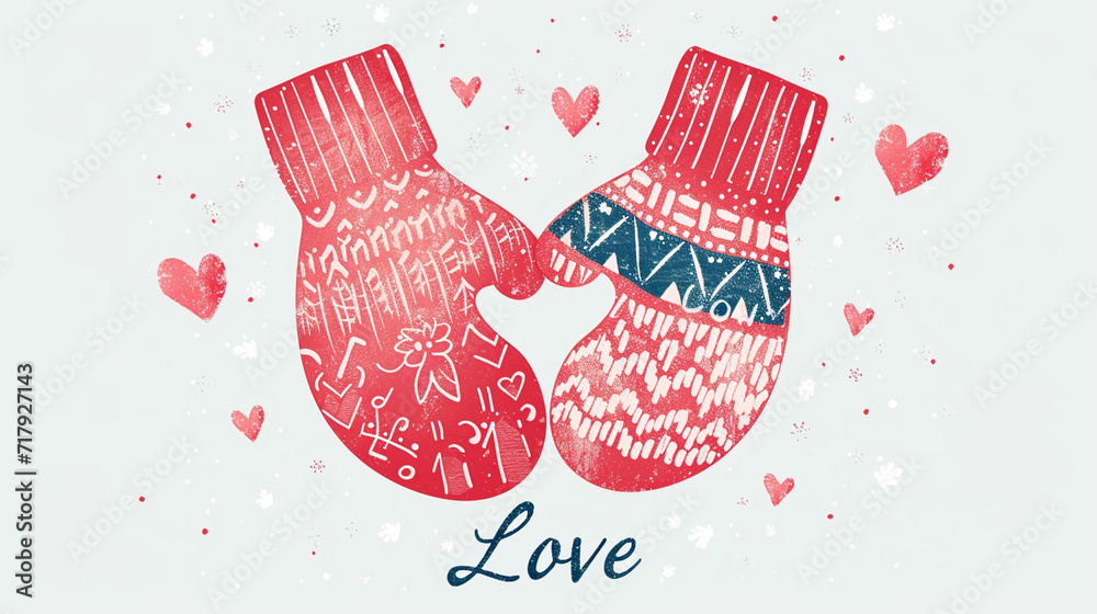 An illustration of a pair of mittens, each with half a heart, forming a ...