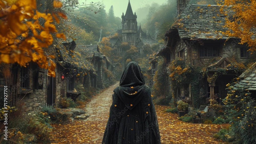 Mysterious medieval girl with a cloak in a dark and haunted scene Stock ...