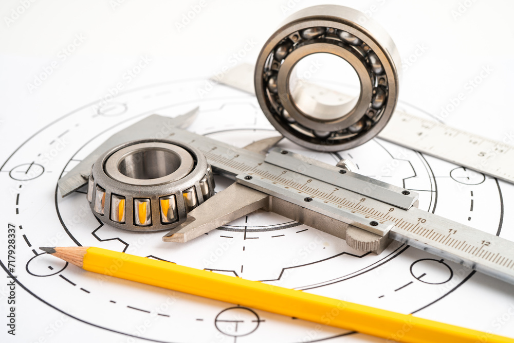 Engineering tools and mechanical industrial with vernier caliper and metal ball bering. Stock ...