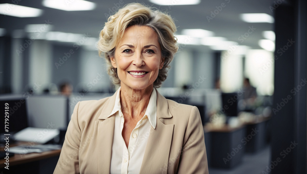 Smiling senior female employee in office. In background is blurry ...