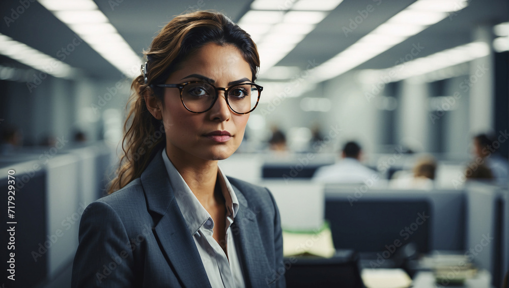 Strict, stylish girl with glasses in office setting. The blurred office ...