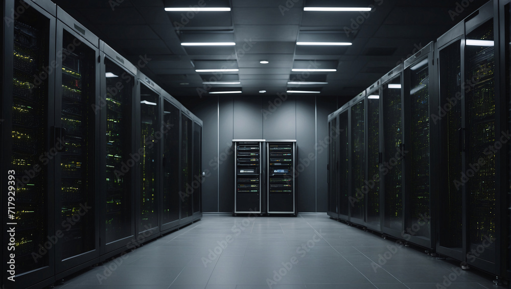 Supercomputer in a server room illuminated by white light. In a modern data center. Large ...