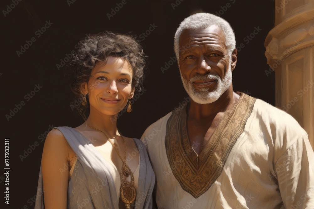 old medieval couple. a middle aged father and his elderly grey haired ...