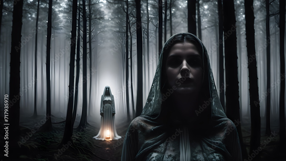 Beautiful women ghost with a covered face, standing mysteriously in a ...
