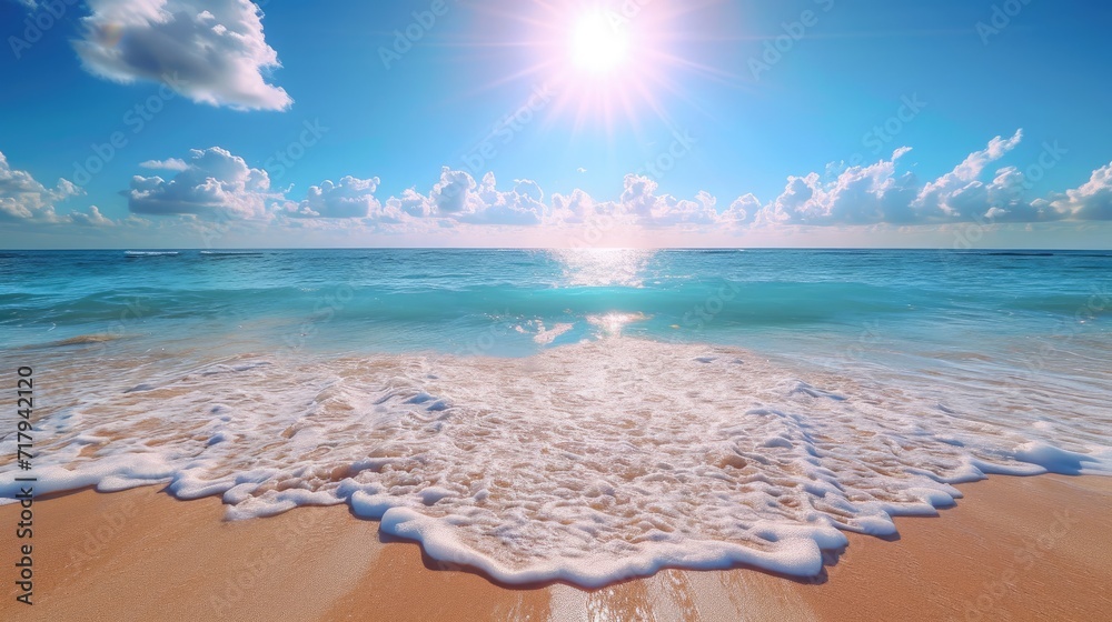 summer The golden sand beach, shining in the sun, meets the blue sea ...