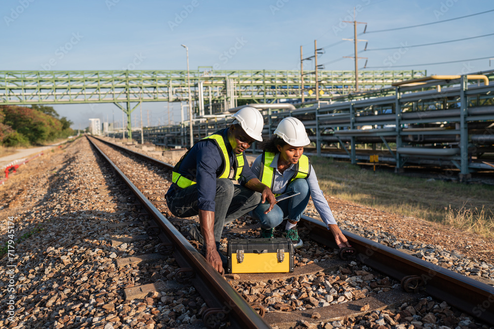 Engineer wearing safety uniform sitting on railway inspection ...