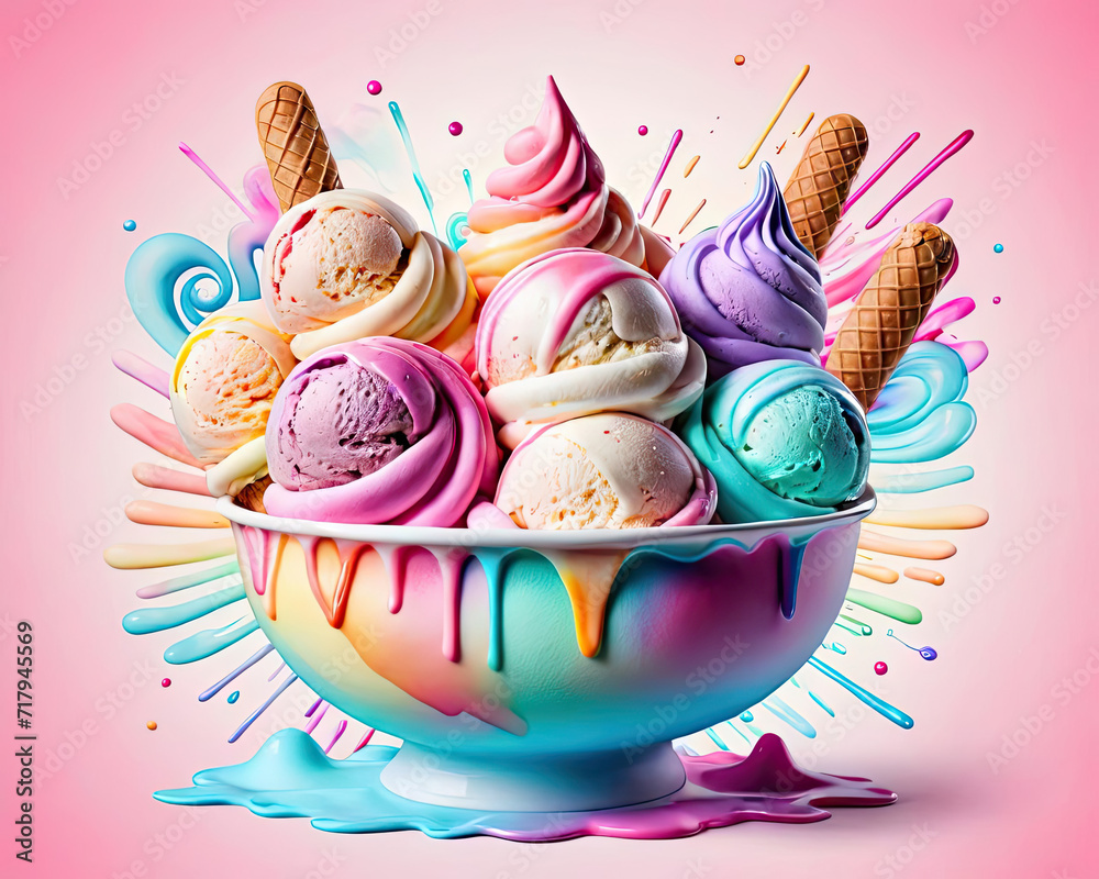 Photorealistic Pop Art Ice Cream Bowl with Dramatic Shadows and Dreamy ...