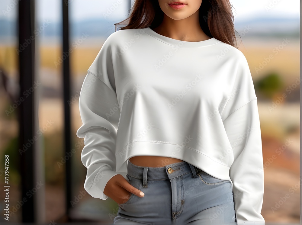 Young Model Shirt Mockup, Girl wearing white Sweatshirt on street in ...