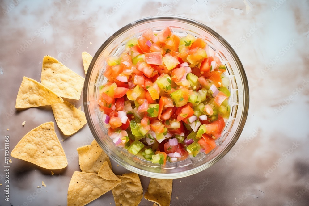 transparent bowl of chunky salsa with chips radiating out, overhead ...