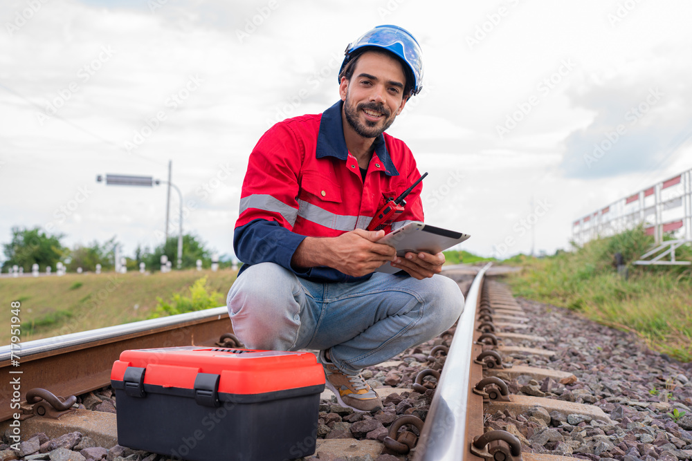Engineer wearing safety uniform sitting on railway inspection ...