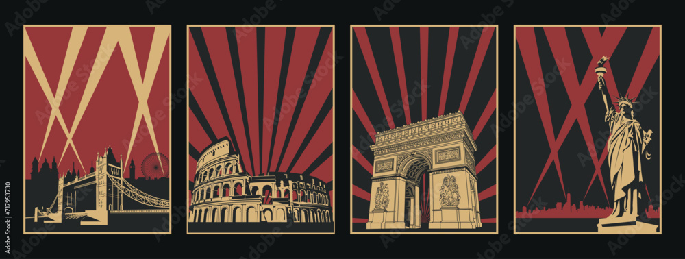 World Landmarks from UK, Italy, France and USA. London Bridge, Rome ...