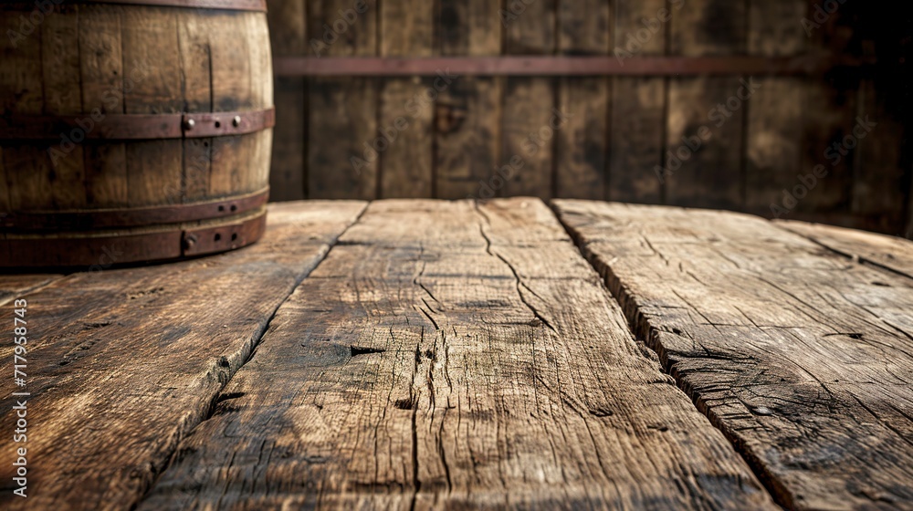 Worn wooden wine barrel background. Old wooden barrel table in soft ...