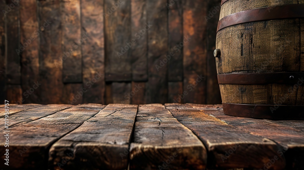 Worn wooden wine barrel background. Old wooden barrel table in soft ...