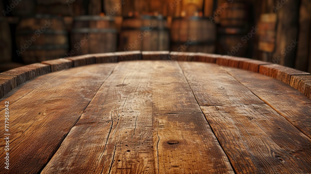 Worn wooden wine barrel background. Old wooden barrel table in soft ...