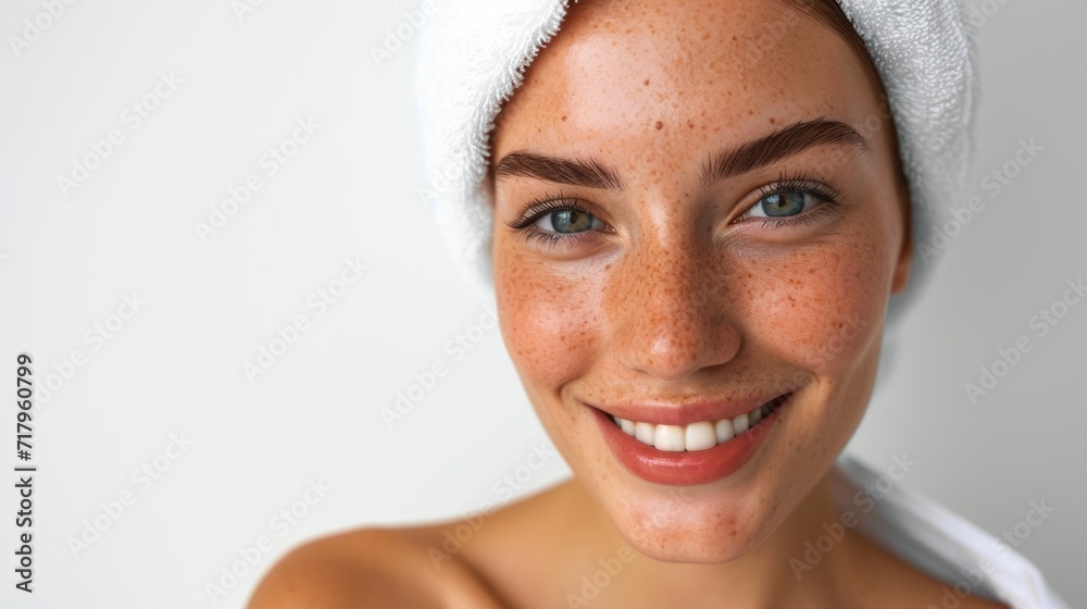Beautiful smiling girl without makeup with freckles on her face and a ...