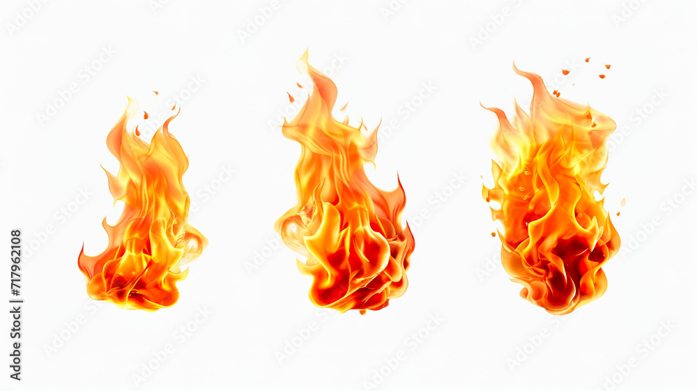 Realistic fire flame set of small and large, isolated on a blank white ...