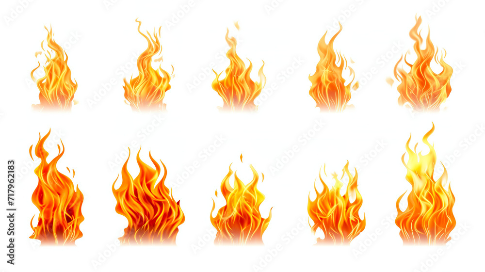 Realistic fire flame set of small and large, isolated on a blank white ...