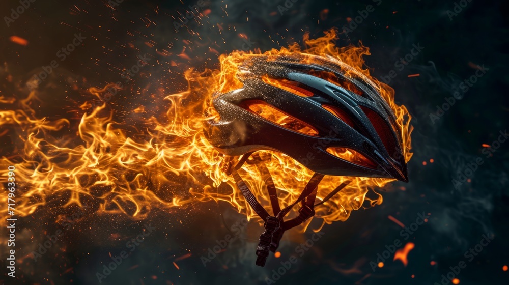 Safety Bicycle helmet Transportation Gear in fire flying on the black ...