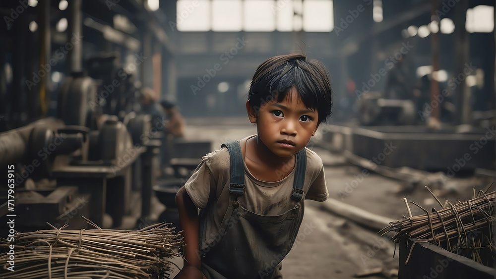 Portrait of a filipino child as a child laborer on a factory background ...