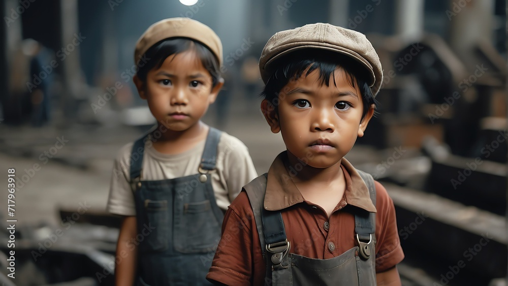 Portrait of a filipino child as a child laborer on a factory background ...