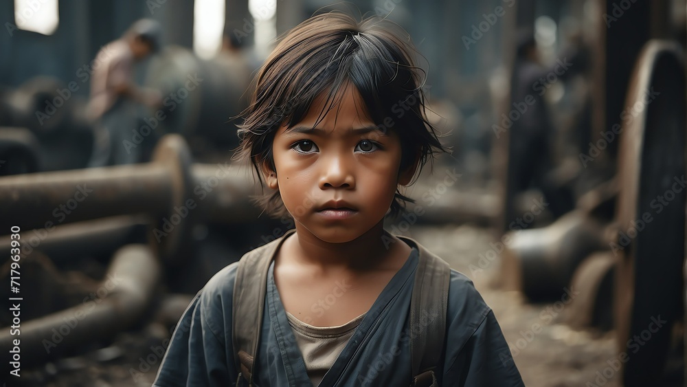 Portrait of a filipino child as a child laborer on a factory background ...