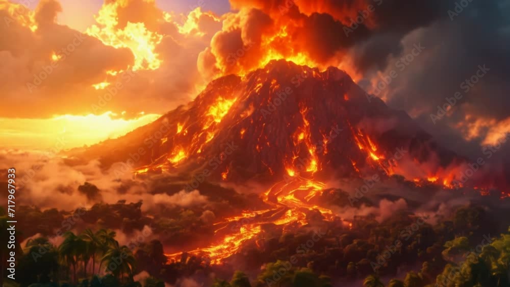 Vulcan eruption landscape drone aerial view. Active Volcano with hot ...