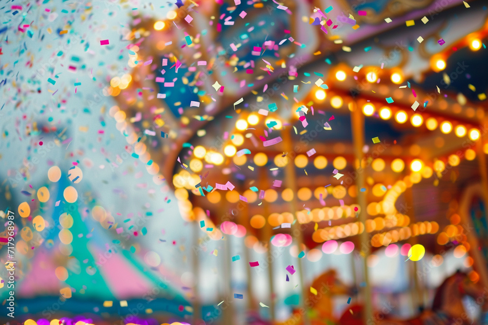 Confetti raining down on a carnival carousel, colorful background ...