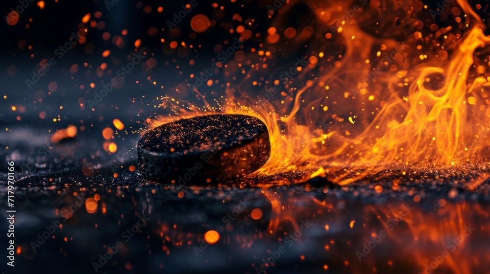 Professional Hockey puck Sports Equipment in fire flying on the black ...
