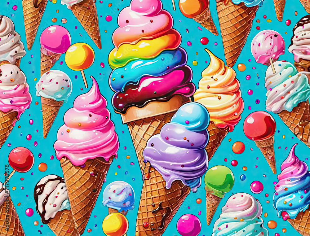 Photorealistic Pop Art Illustration of Vibrant Ice Cream Toppings with ...