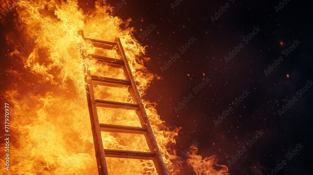 Valuable Ladder Construction Tool in fire flying on the black ...