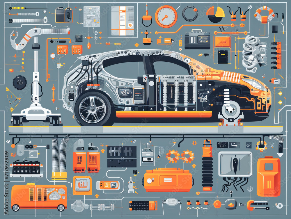 Detailed illustration showing an exploded view of an electric vehicle ...