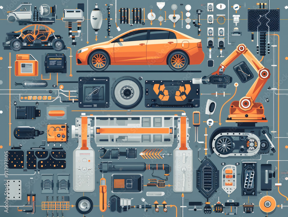 Detailed illustration showing an exploded view of an electric vehicle ...