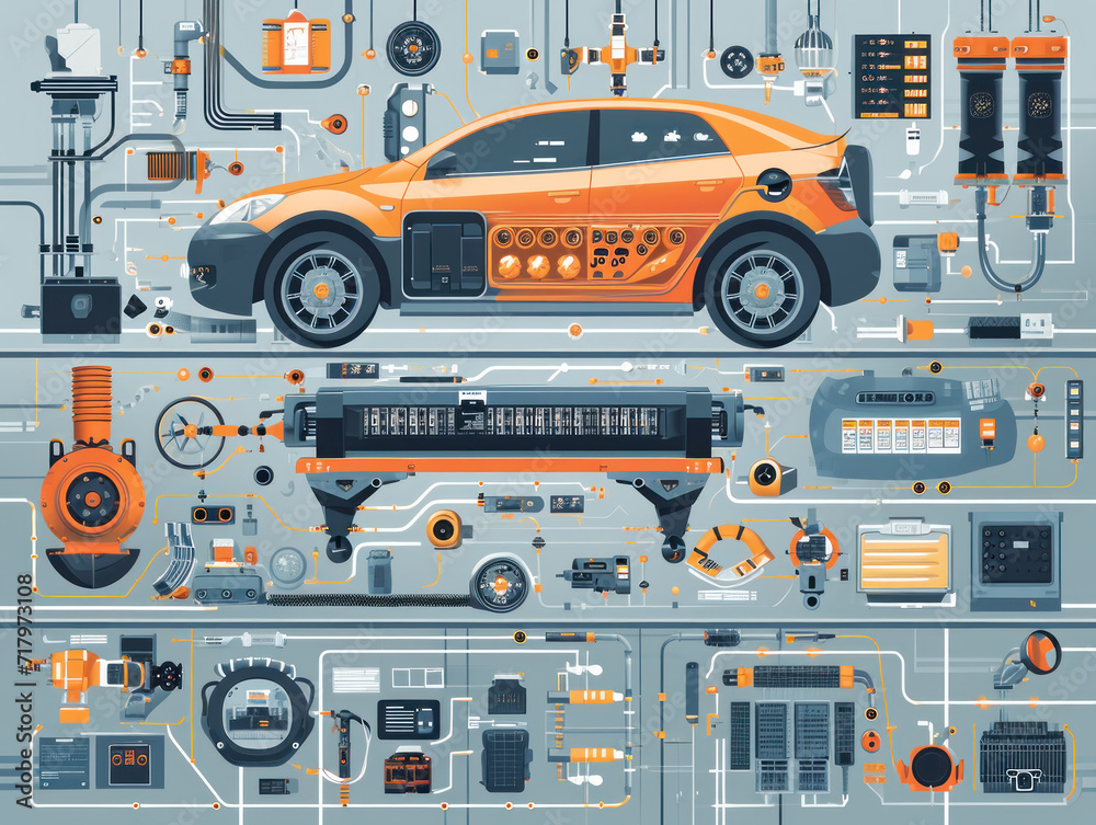 Detailed illustration showing an exploded view of an electric vehicle ...