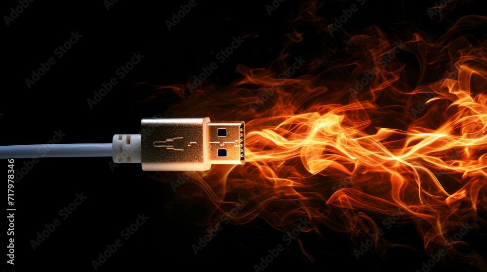 Versatile USB cable Office supply in fire flying on the black ...