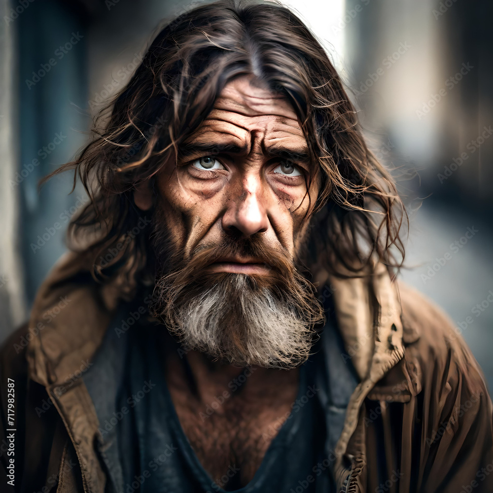 A homeless man with long unwashed hair and dirty clothes and a dirty ...