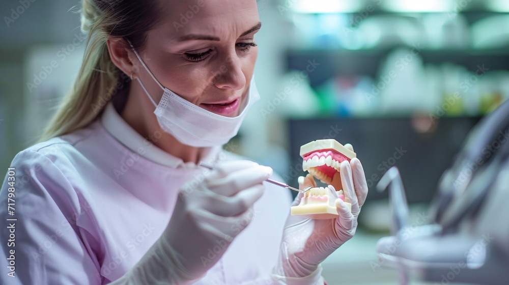 Elderly lady examining tooth model during consultation for dental ...
