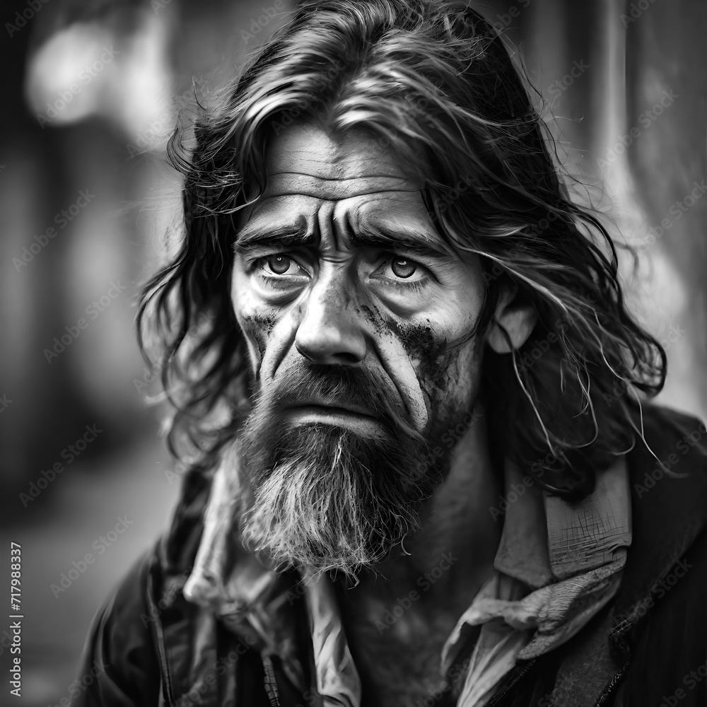 A homeless man with long unwashed hair and dirty clothes and a dirty ...