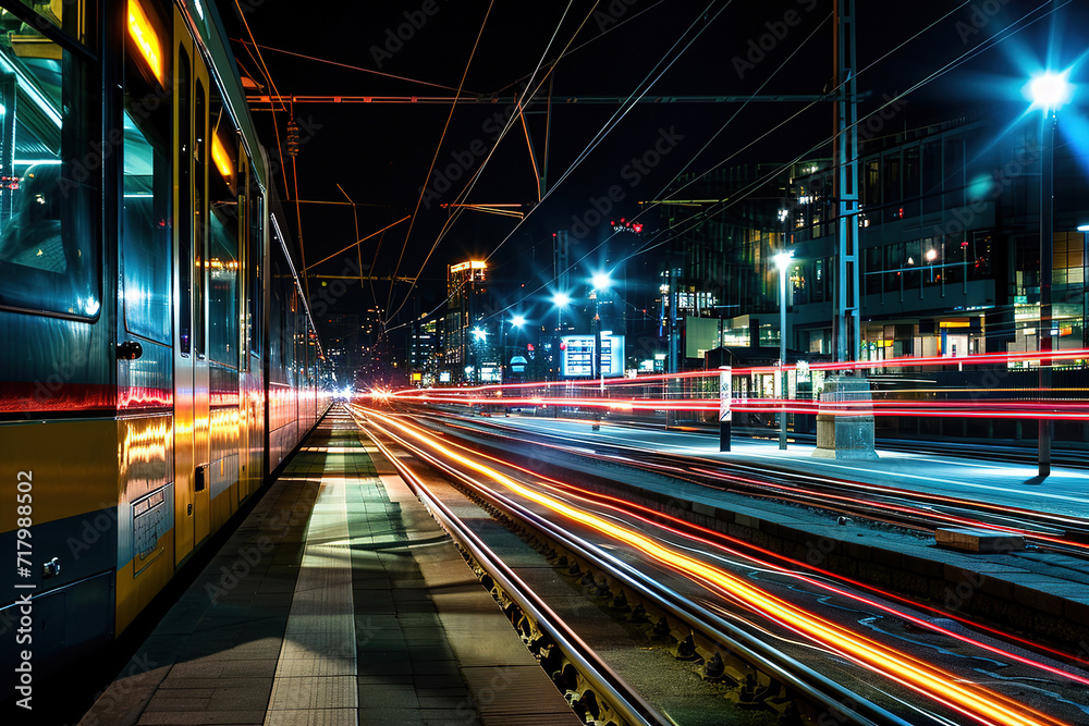 train at night in a city driving in motion with light trails at a ...