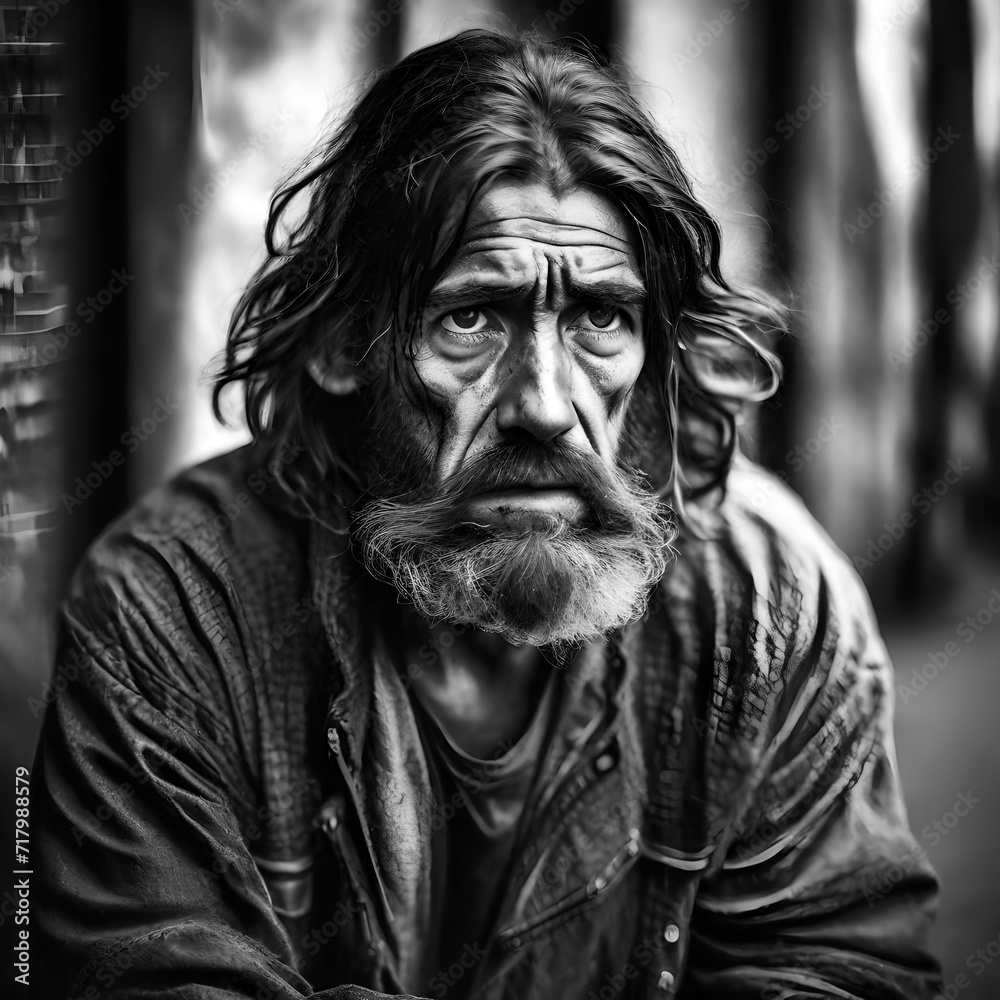 A homeless man with long unwashed hair and dirty clothes and a dirty ...